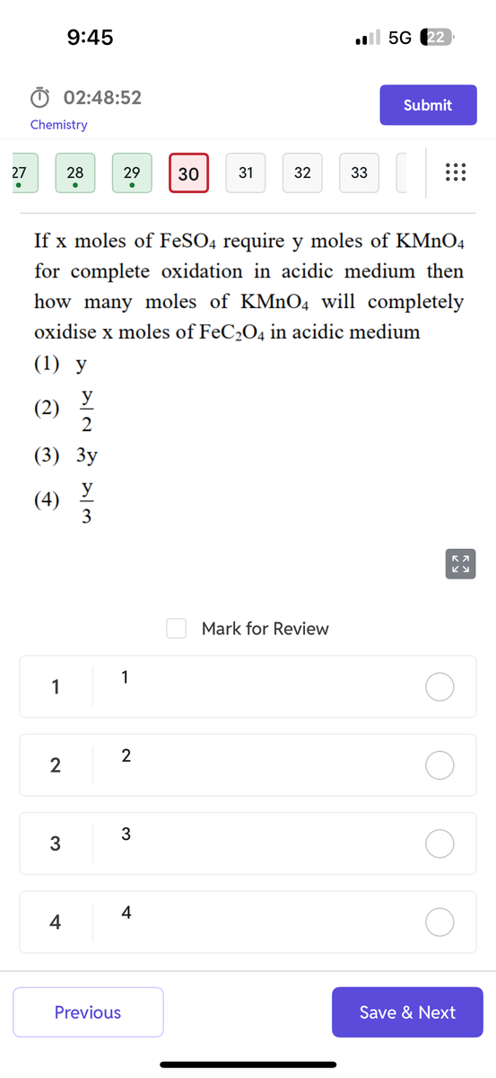 If x moles of FeSO_4 require y moles of KMnO_4 for complete oxidation in
