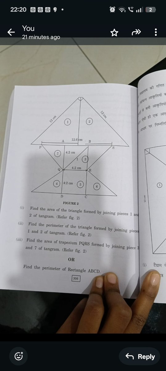 Refer to Figure 2 of the tangram pieces. Find the area of the triangle f..