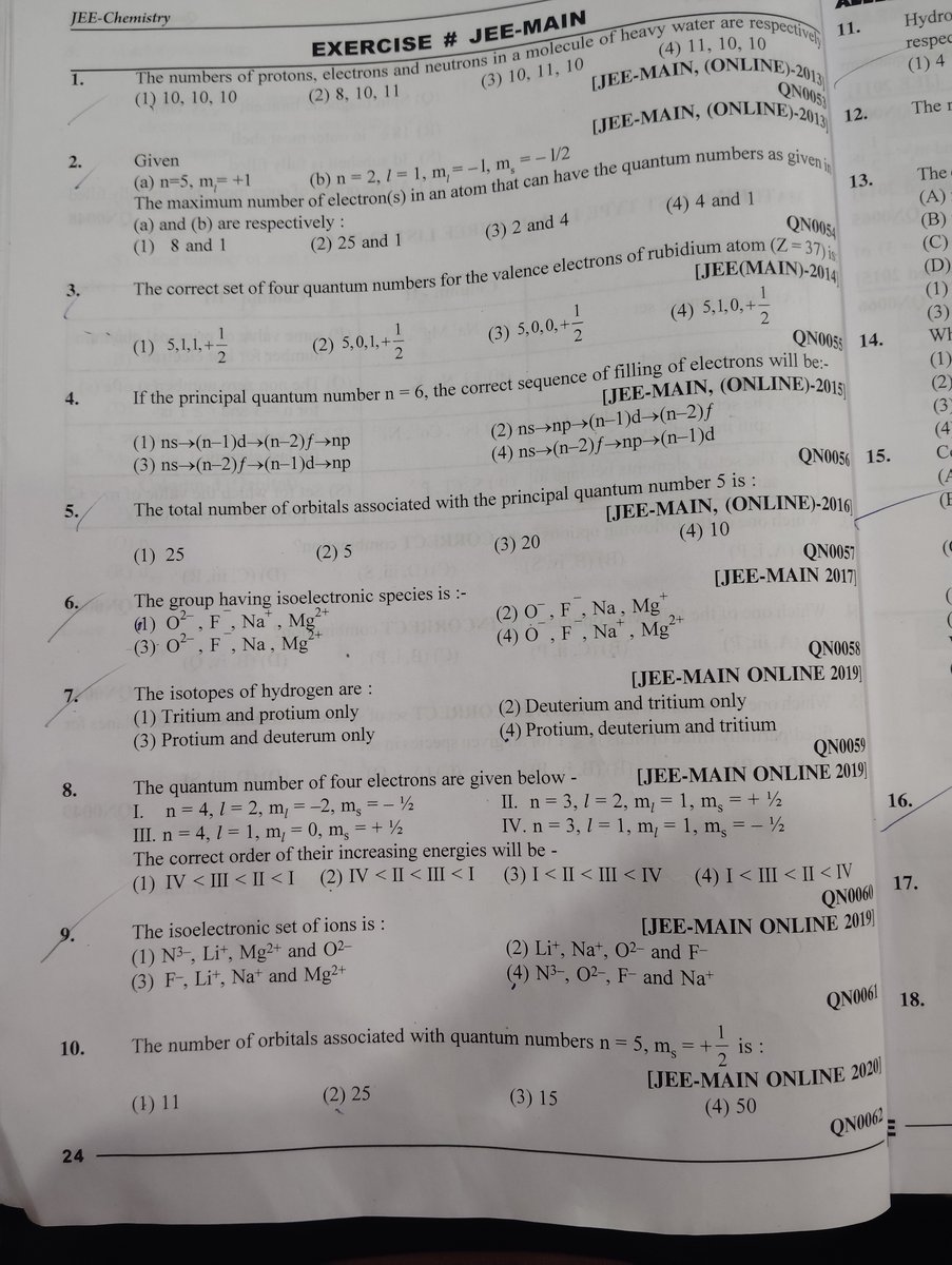 JEE-Chemistry The numbers of protons, electrons and neutrons in a molecul..