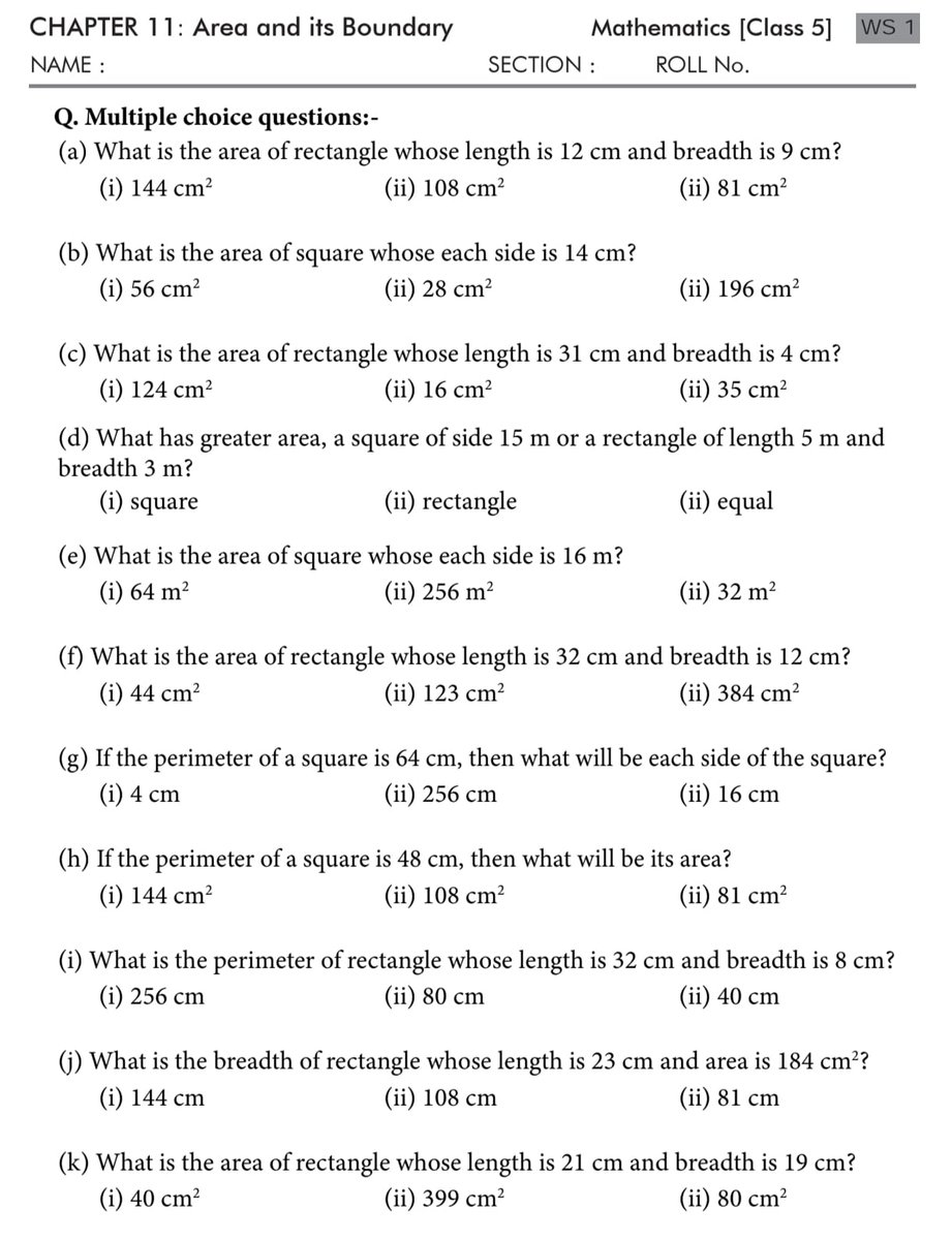 Multiple choice questions on area and perimeter of rectangles and squares..