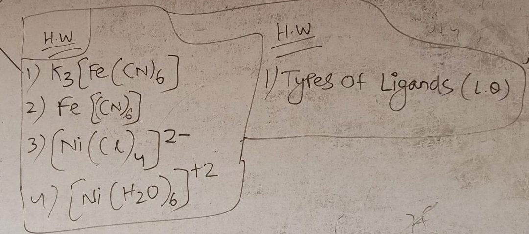 Homework Questions 1) Write the oxidation state of iron in K3[Fe(CN)6].