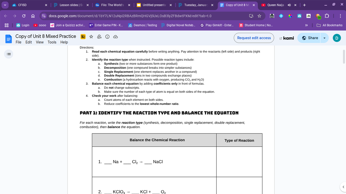 For each reaction, write the reaction type (synthesis, decomposition, sin..