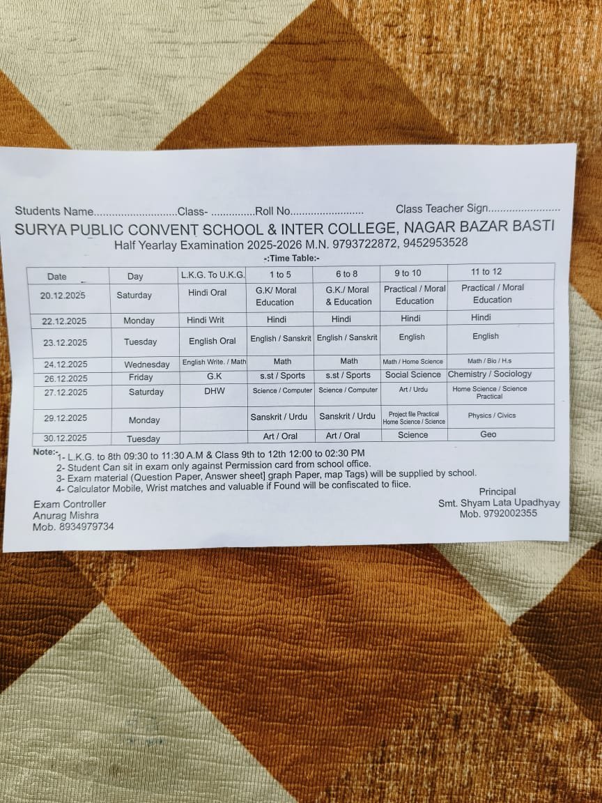 Half Yearly Examination Timetable for Surya Public Convent School & Inter..