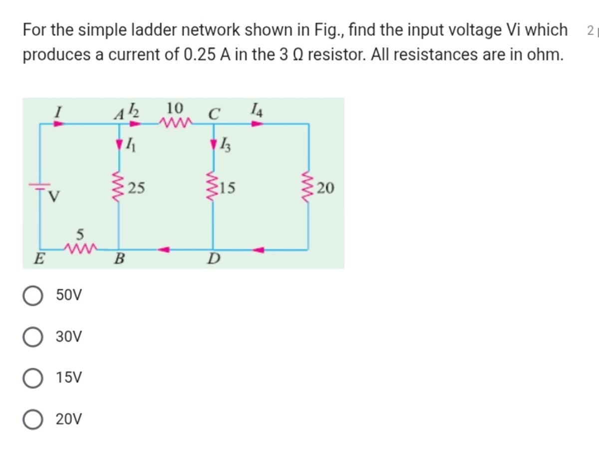 For the simple ladder network shown in the figure, find the input voltage..