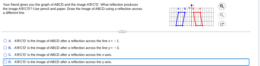 Your friend gives you the graph of ABCD and the image A'B'C'D'. What refl..