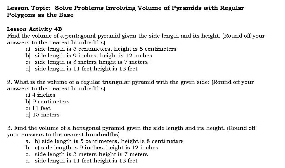 Lesson Topic: Solve Problems Involving Volume of Pyramids with Regular Po..
