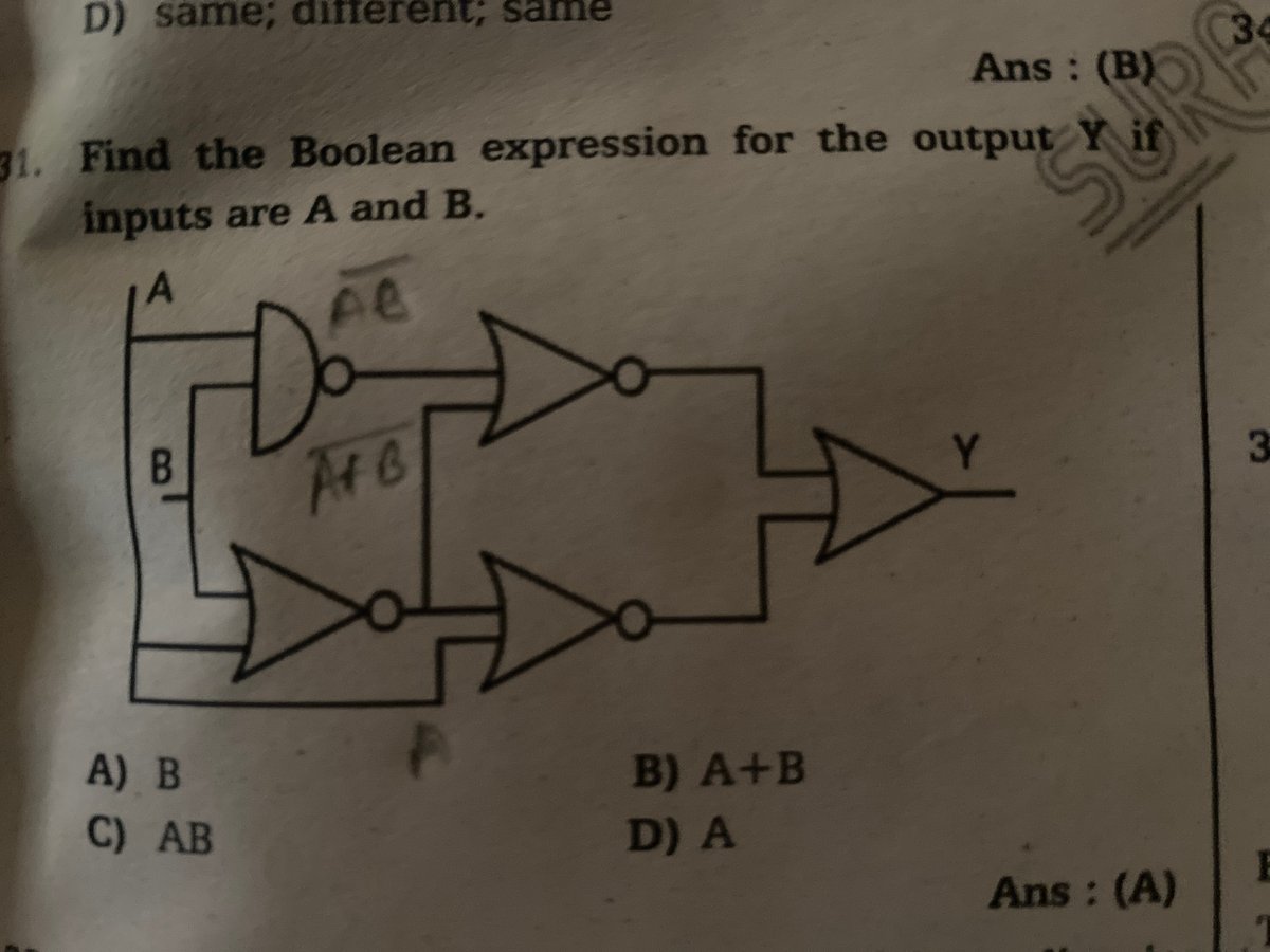 Find the Boolean expression for the output Y if inputs are A and B. Give..