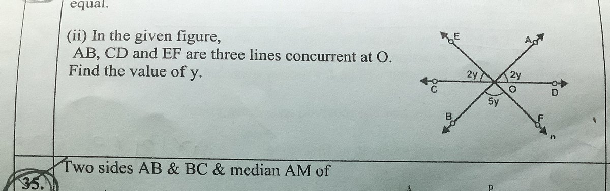 In the given figure, AB, CD and EF are three lines concurrent at O. Find