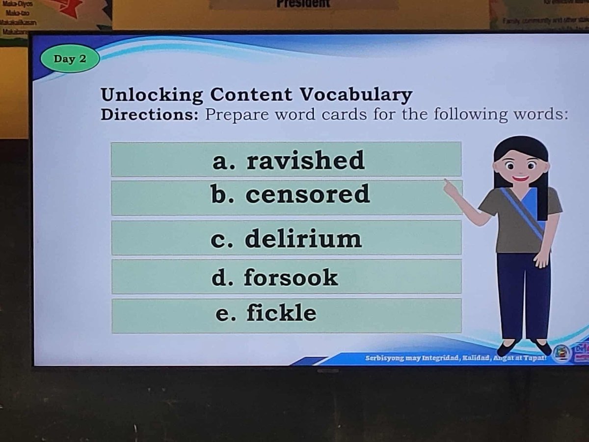 Prepare word cards for the following words: a. ravished b. censored c. d..
