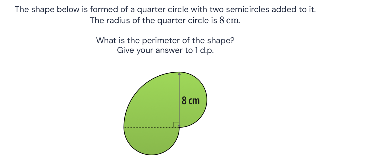 The shape below is formed of a quarter circle with two semicircles added
