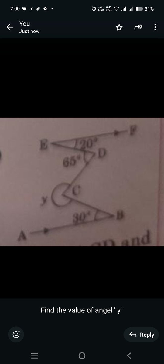 Find the value of angle 'y' in the given diagram where angles 20°, 65°, a..
