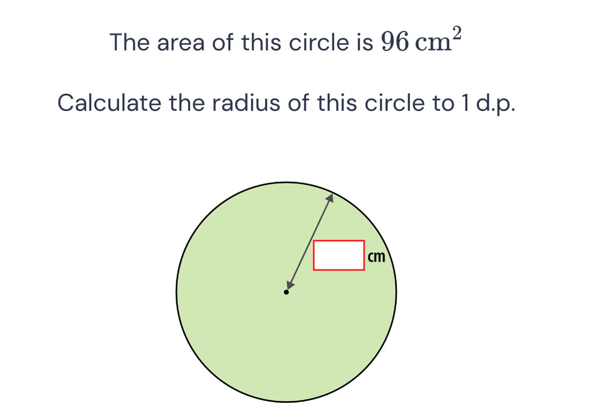 The area of a circle is 96 cm². Calculate the radius of this circle to 1