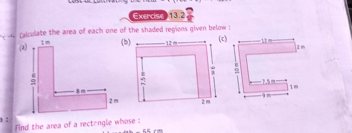 Calculate the area of each one of the shaded L-shaped regions given below..