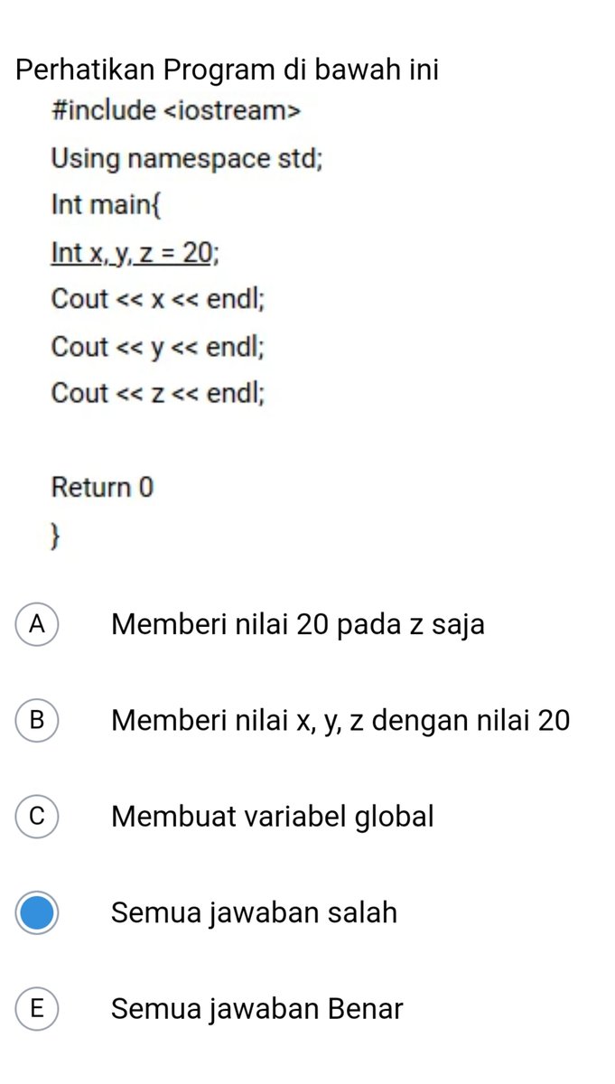 Perhatikan Program di bawah ini \#include Using namespace std; Int main..