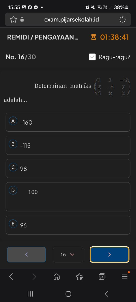 Determinant of the matrix \begin{pmatrix} 1 & 3 & -5 \\ 2 & -4 & 7 \\ 6..