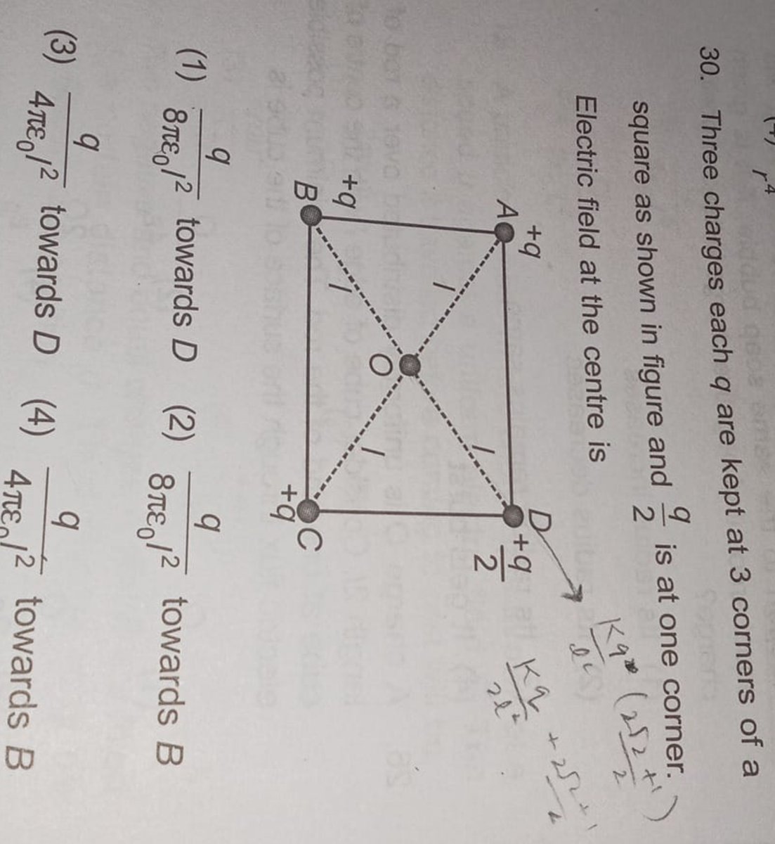 Three charges each of magnitude q are placed at three corners of a square..