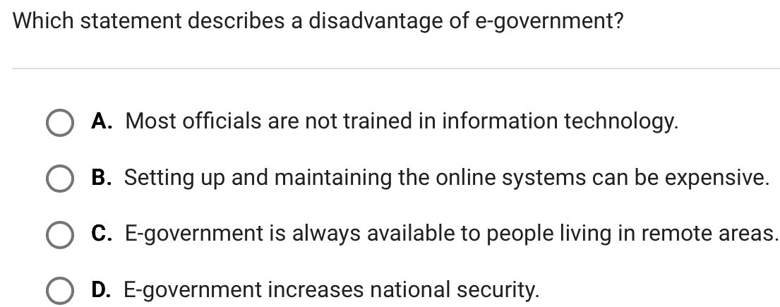 Which statement describes a disadvantage of e-government? A. Most offici..