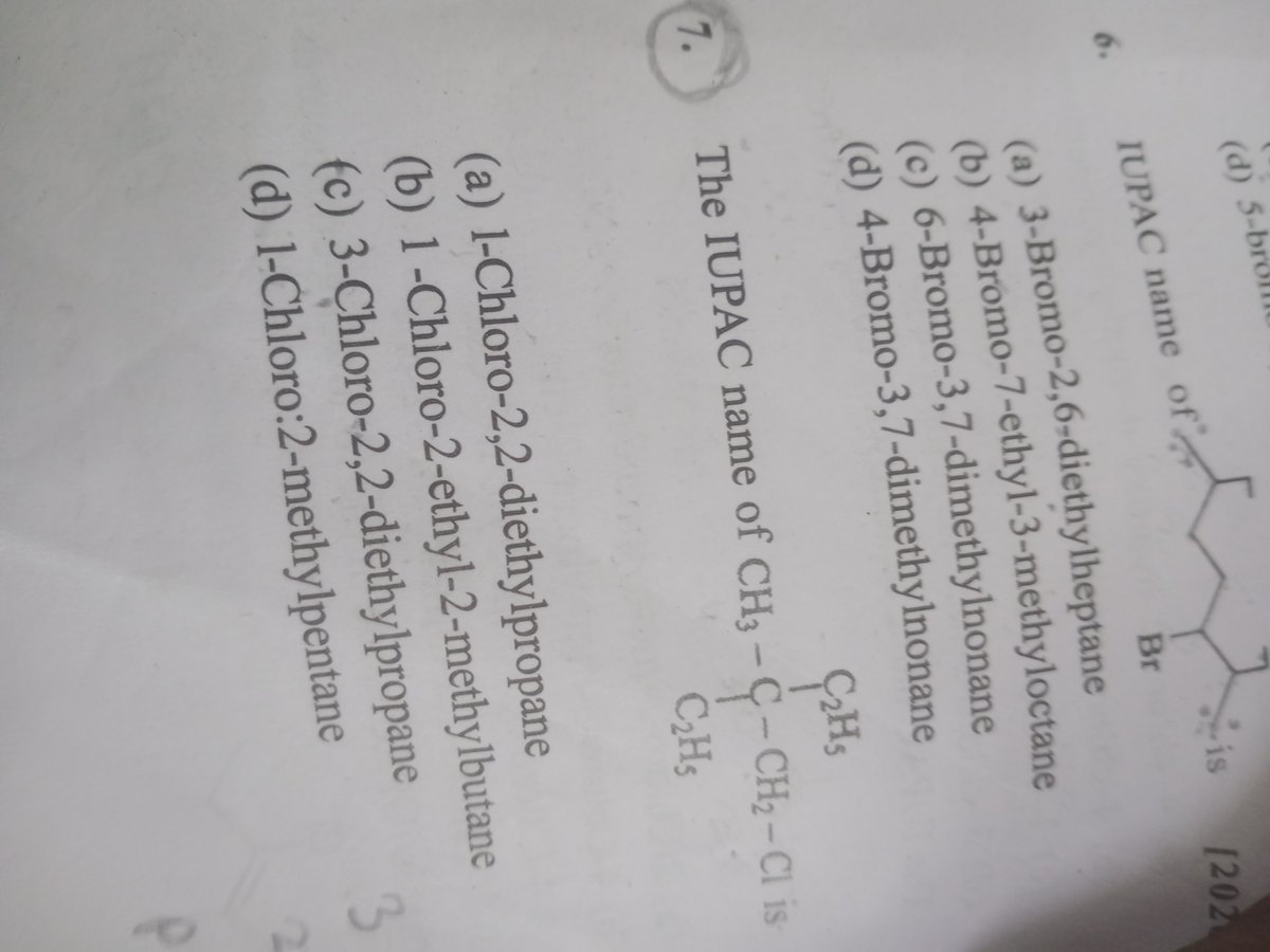 The IUPAC name of the compound CH3-C(C2H5)(C2H5)-CH2-Cl is: (a) 1-Chloro..