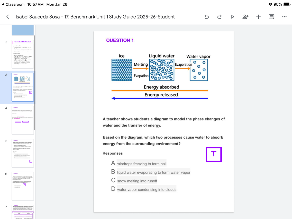 A teacher shows students a diagram to model the phase changes of water an..