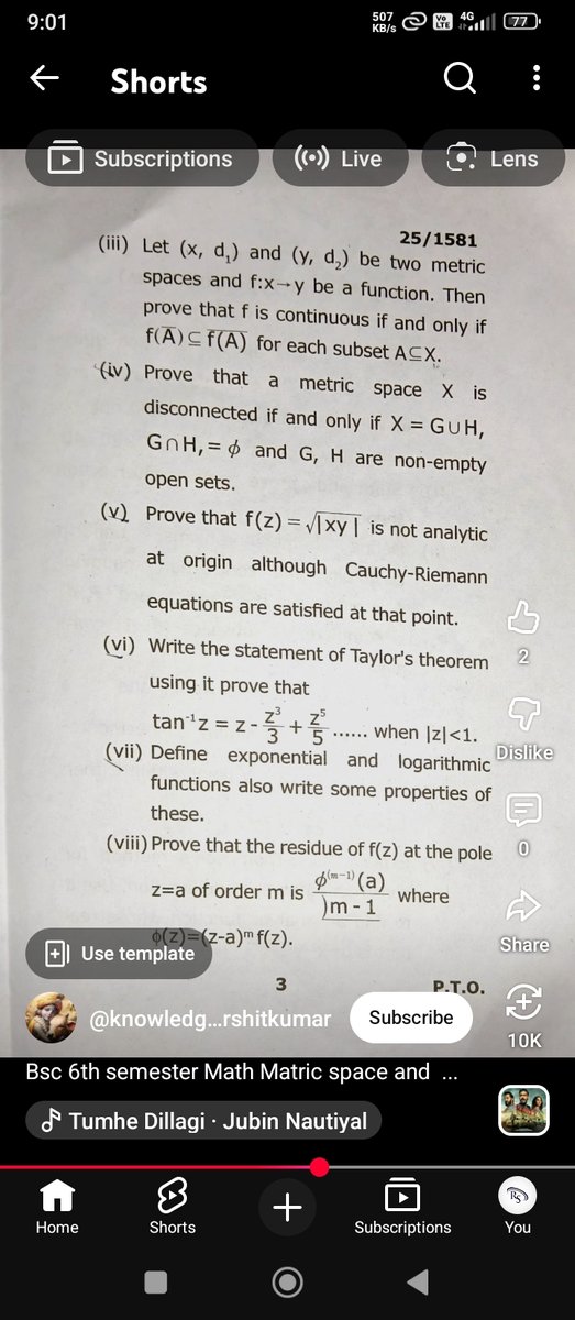 (iii) Let (X, d_1) and (Y, d_2) be two metric spaces and f: X \rightarrow..