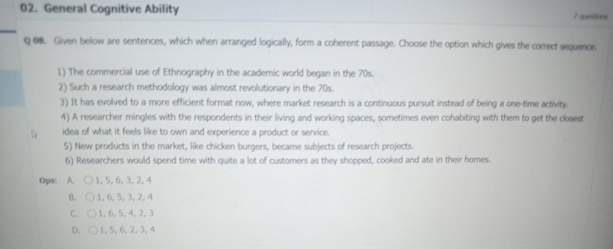 General Cognitive Ability Q08. Given below are sentences, which when arr..