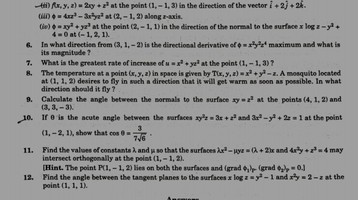 Questions on Directional Derivatives, Gradient, and Angles Between Surfac..