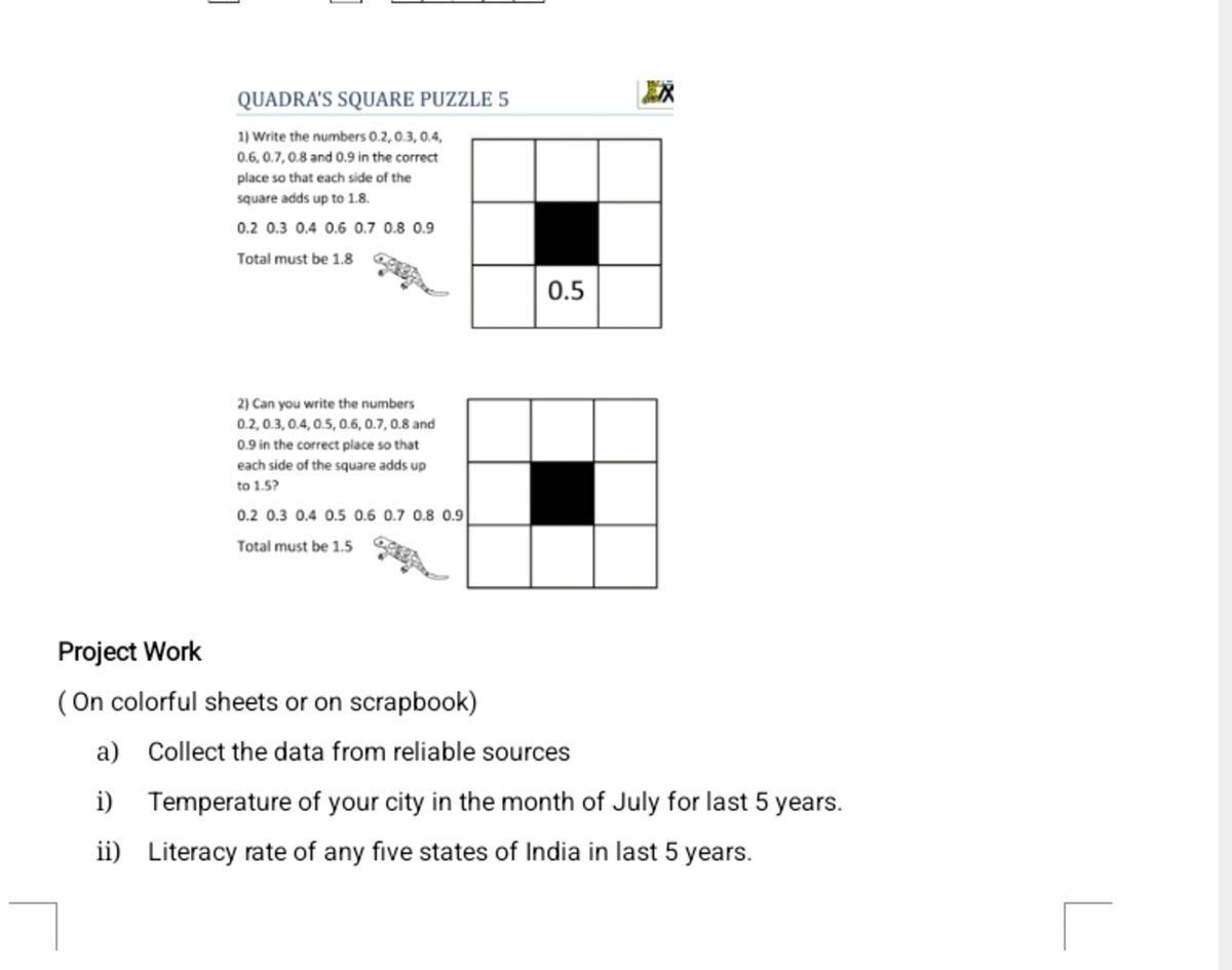 QUADRA'S SQUARE PUZZLE 5 1) Write the numbers 0.2,0.3,0.4, 0.6,0.7,0.8 an..