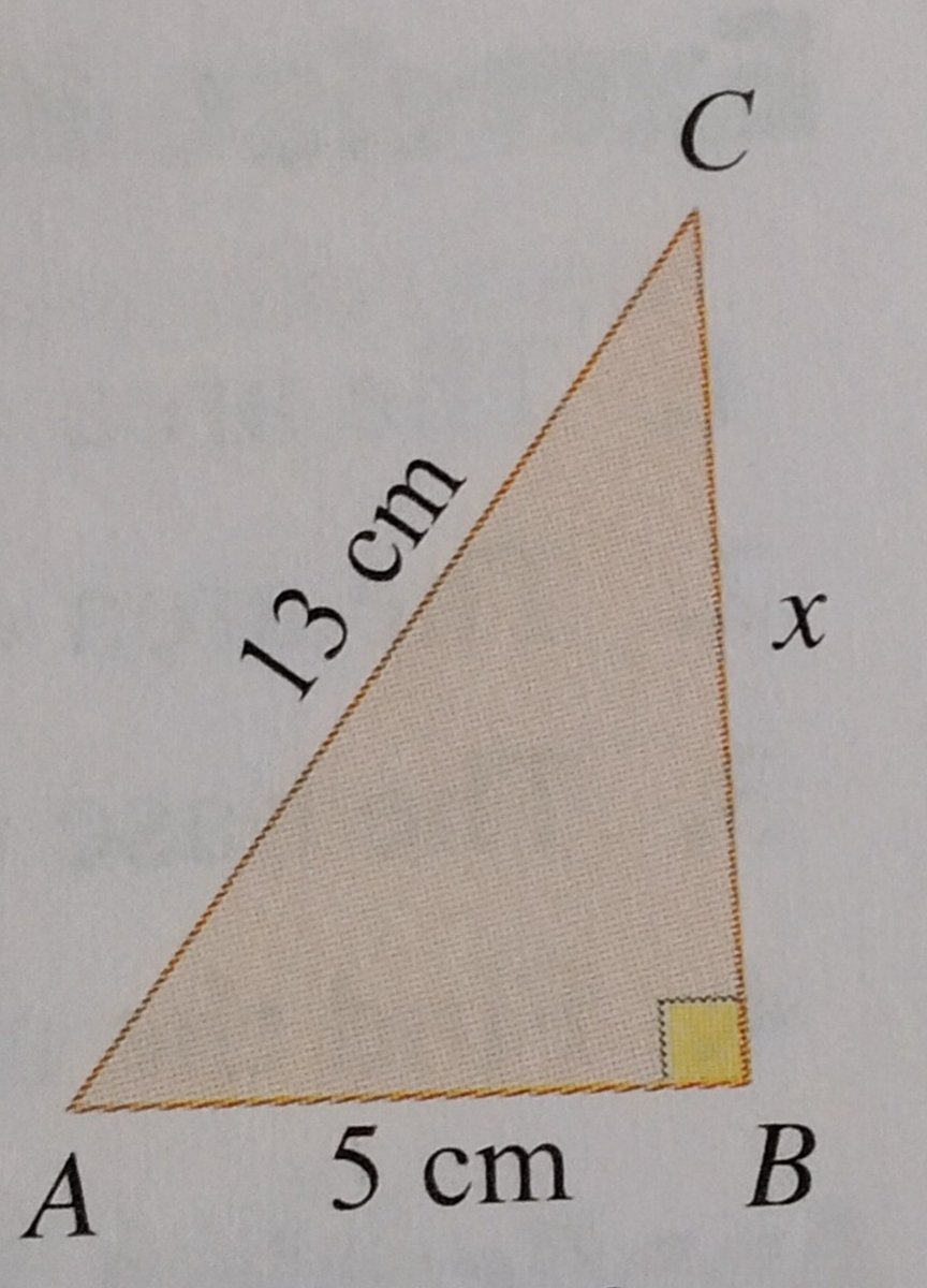 A right triangle ABC is given, with AB = 5 cm, AC = 13 cm, and angle ABC