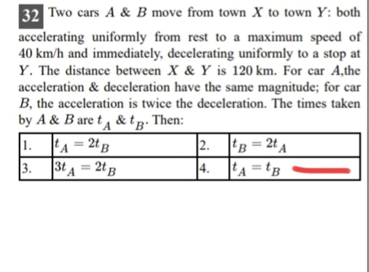 32 Two cars A \& B move from town X to town Y : both accelerating uniform..