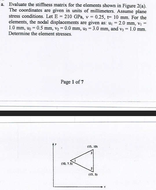 Evaluate the stiffness matrix for the triangular element shown in the fig..