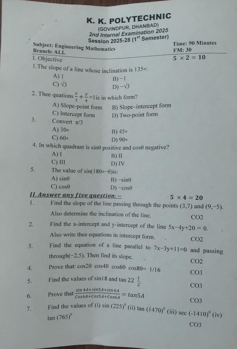 Objective The slope of a line whose inclination is 135°: A) 1 B) -1 C) √..
