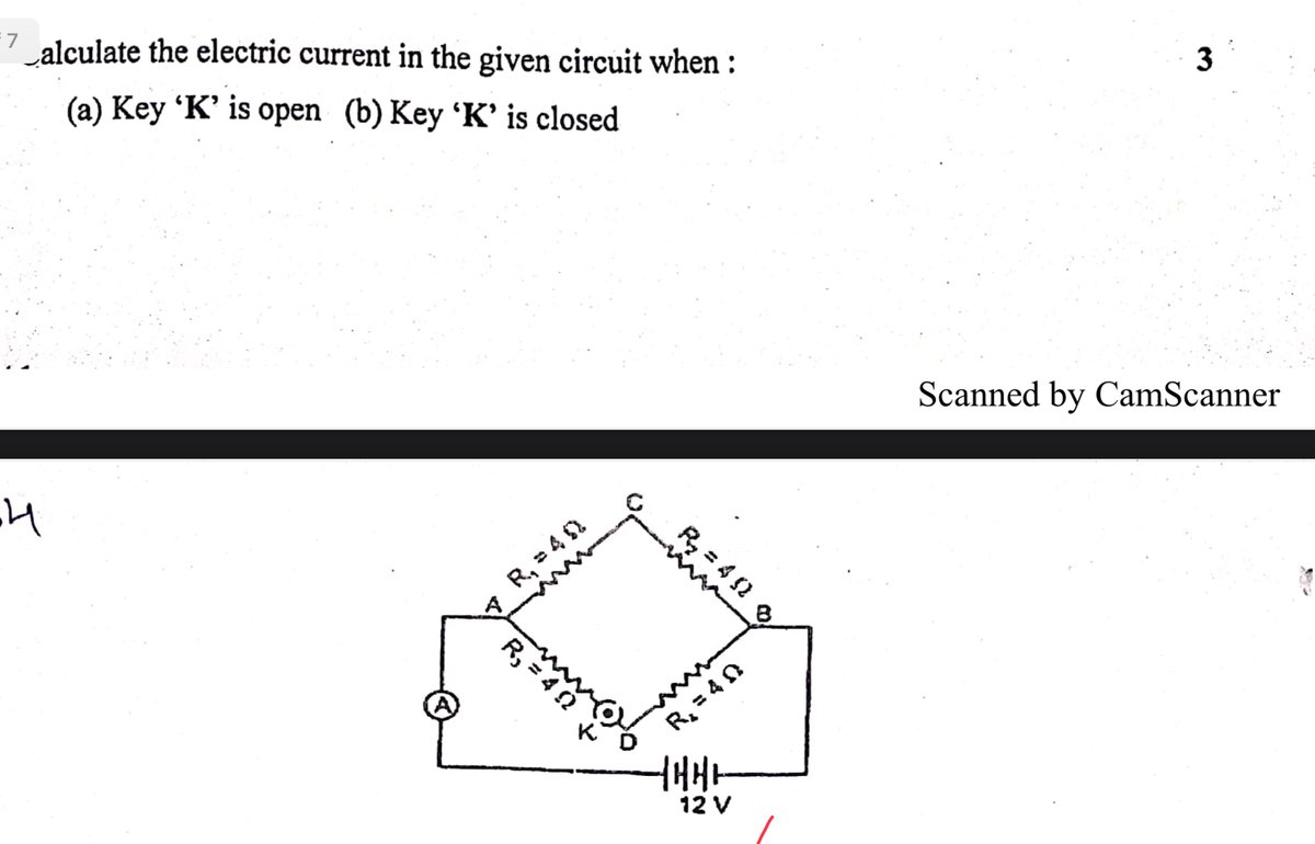Calculate the electric current in the given circuit when: (a) Key 'K' is..