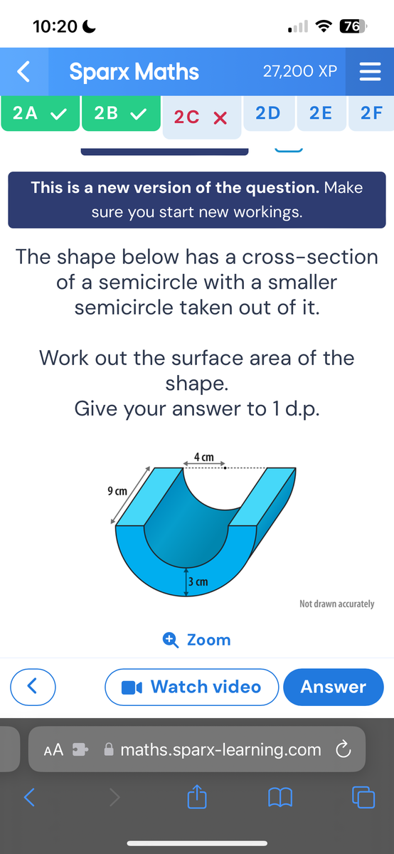 The shape below has a cross-section of a semicircle with a smaller semici..