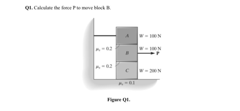 Q1. Calculate the force P to move block B. Diagram of blocks A, B, and C..