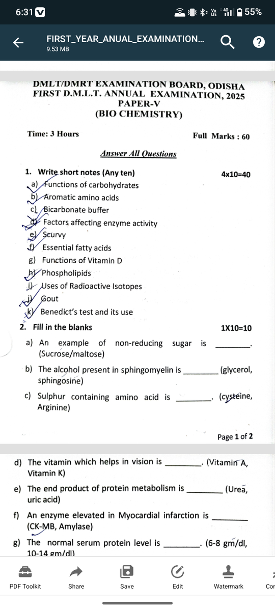 1. Write short notes (Any ten) a) Functions of carbohydrates b) Aromatic..