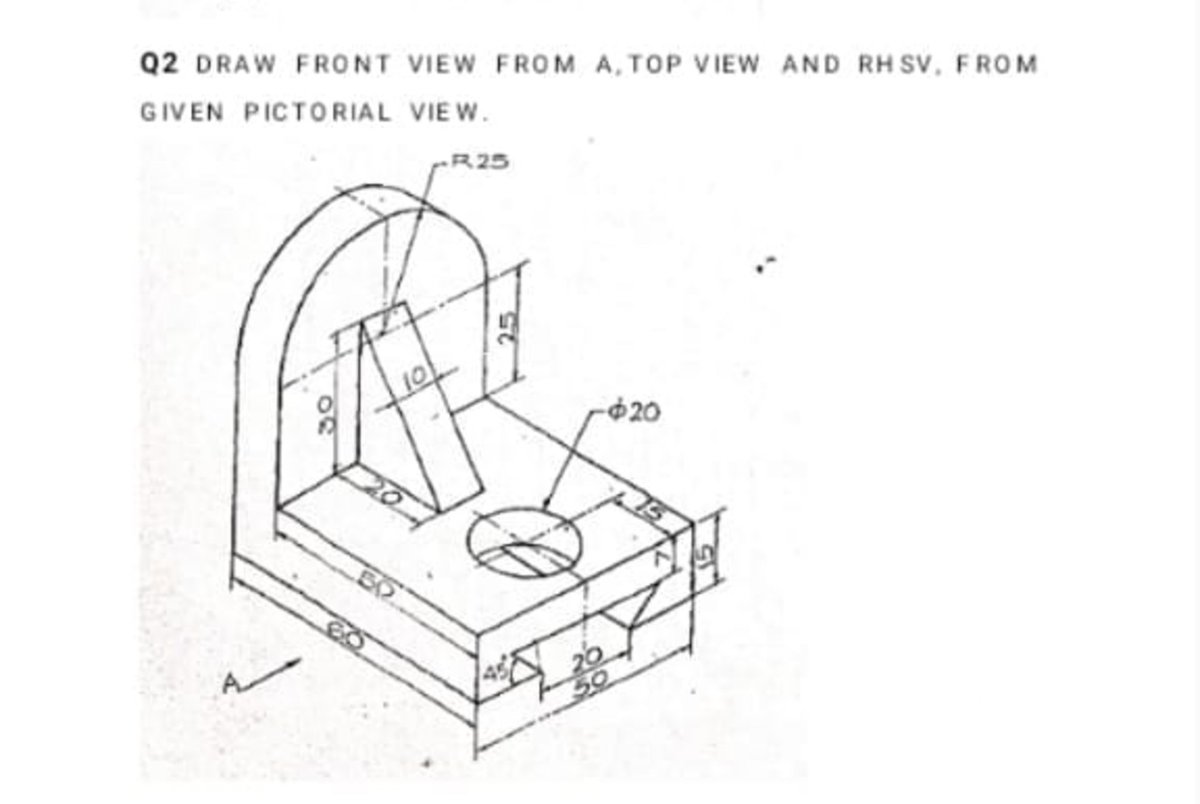 Question: Draw the front view from point A, top view, and right-hand side..