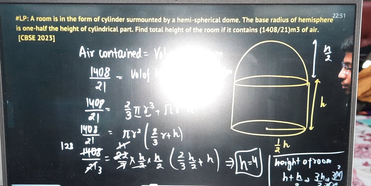 #LP: A room is in the form of cylinder surmounted by a hemi-spherical dom..