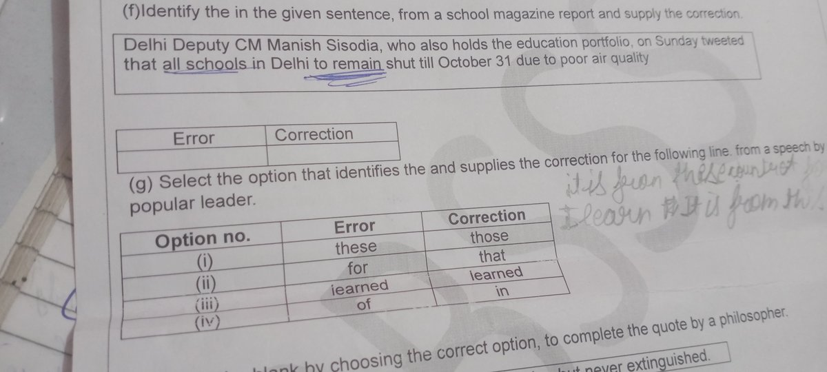 (f)Identify the in the given sentence, from a school magazine report and