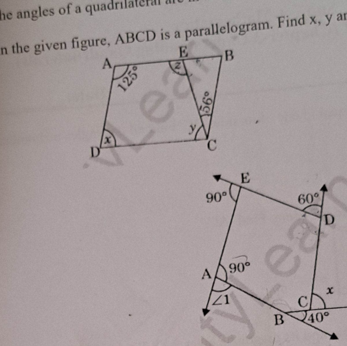 In the given figure, ABCD is a parallelogram. Find the values of x, y, an..