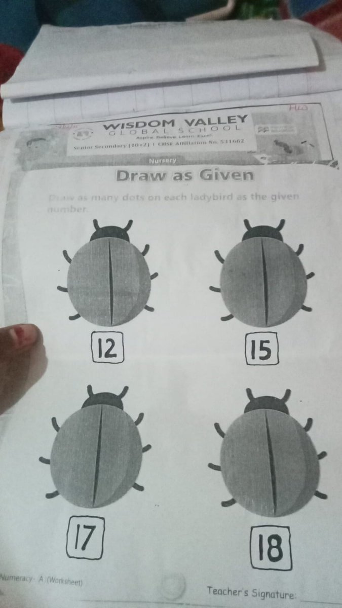 Draw dots on each ladybird corresponding to the numbers 12, 15, 17, and 1..