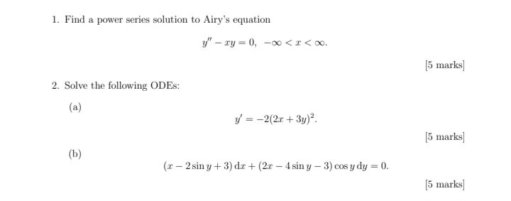 Find a power series solution to Airy's equation y'' - xy = 0, -∞
