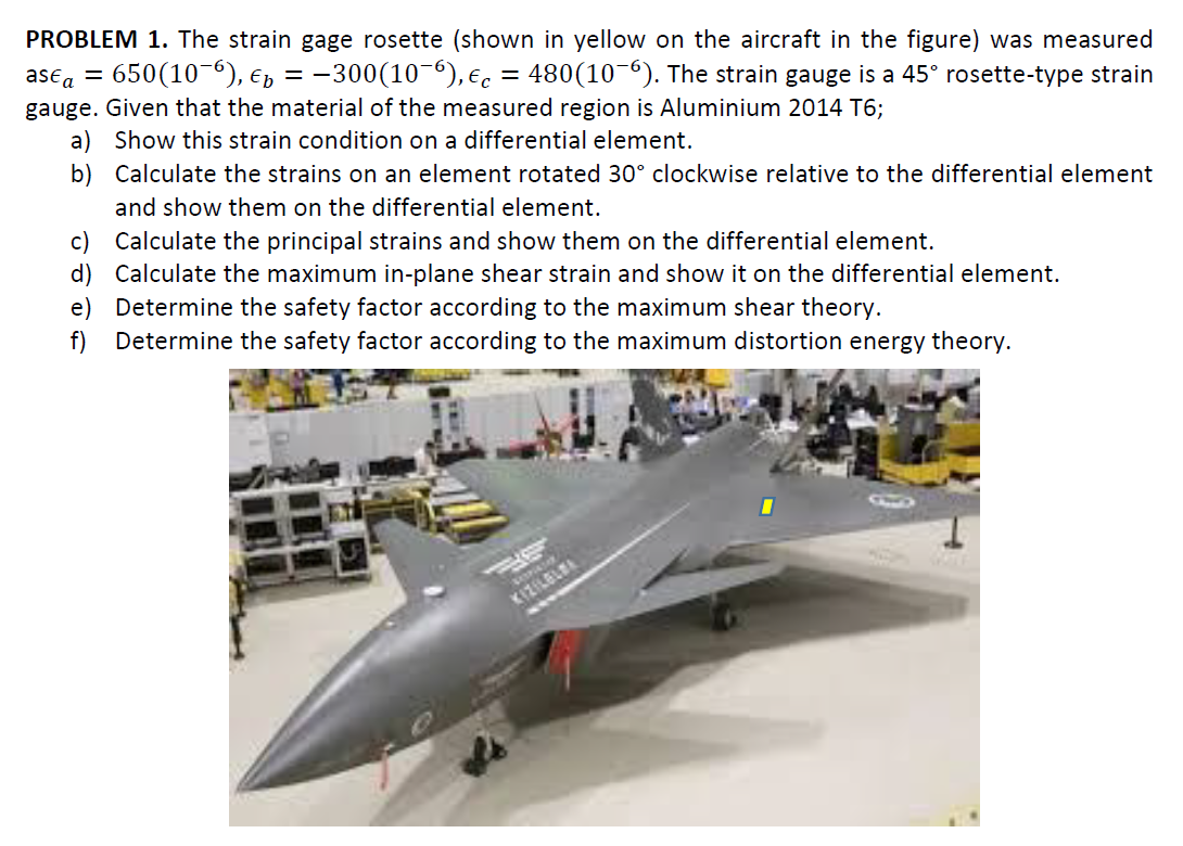 PROBLEM 1. The strain gage rosette (shown in yellow on the aircraft in th..