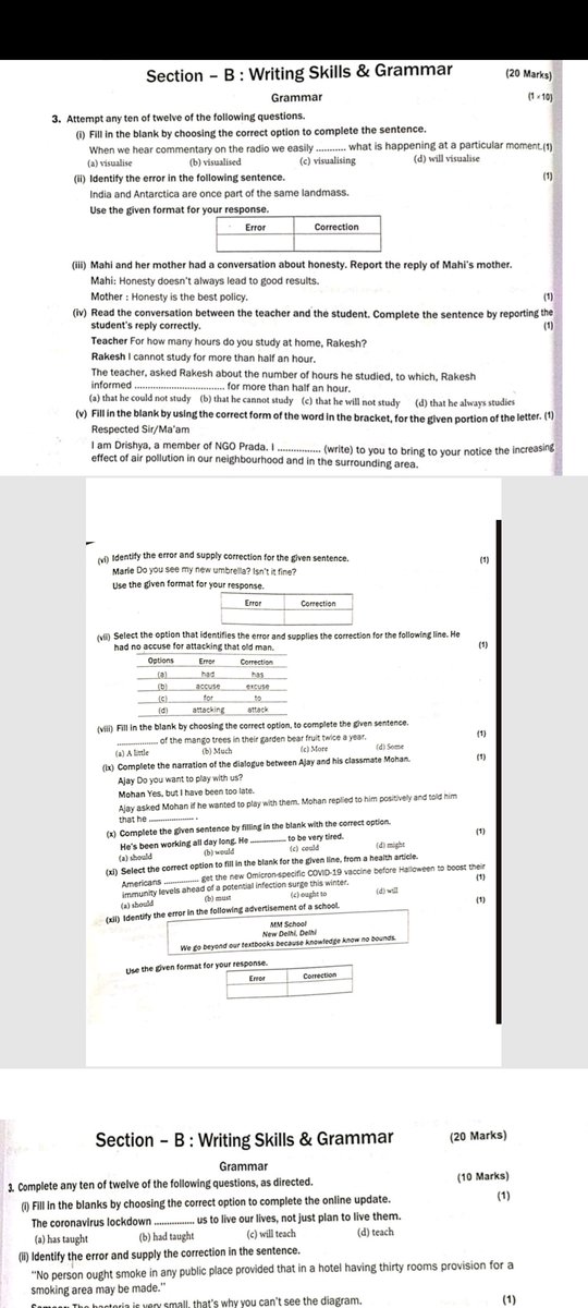 Section - B : Writing Skills \& Grammar (20 Marks) Grammar (1 ×10) Attemp..