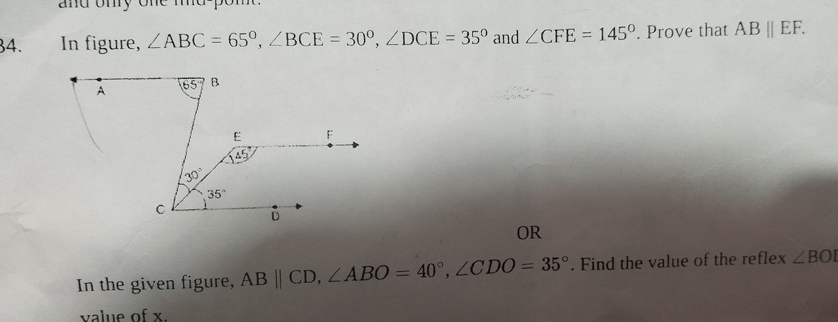 In figure, \angle \mathrm { ABC } = 65 ^ { \circ } , \angle \mathrm { BCE..