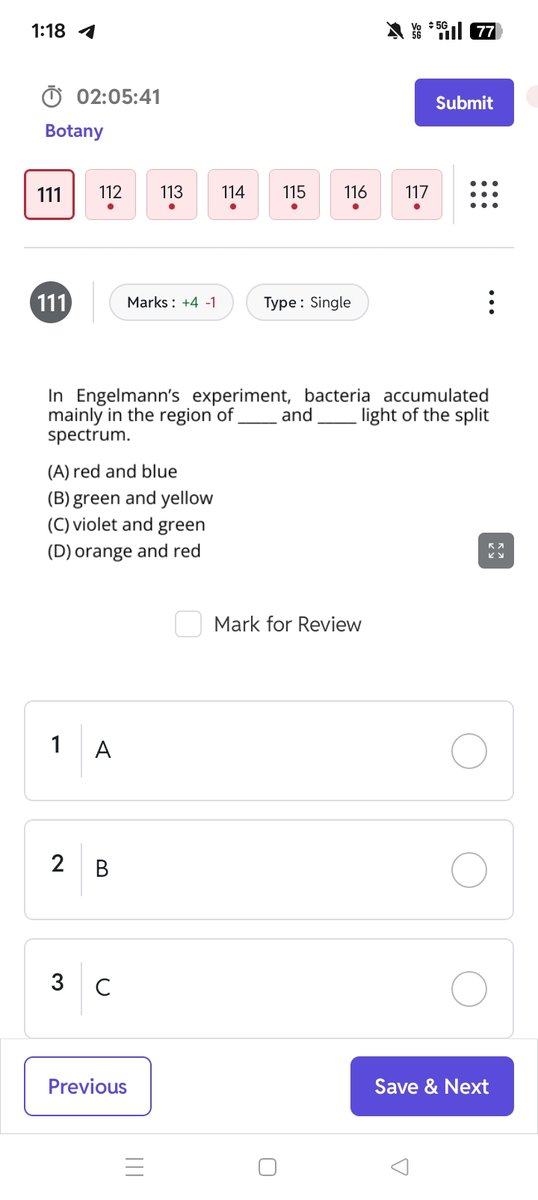In Engelmann's experiment, bacteria accumulated mainly in the region of