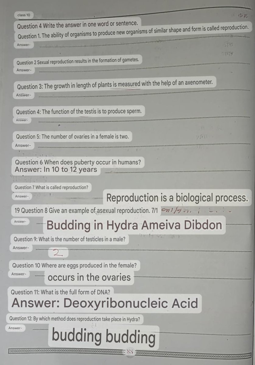 Class 10 Biology Questions - Reproduction The ability of organisms to pr..