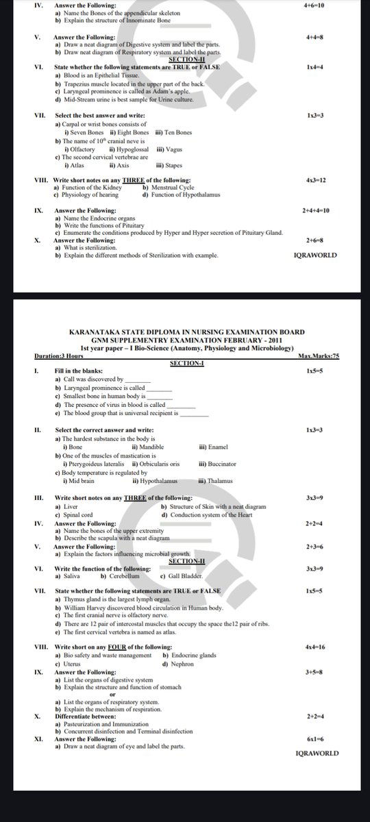 Nursing Exam Paper Questions SECTION-I I. Fill in the blanks: a) Cell w..