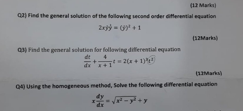Q2) Find the general solution of the following second order differential