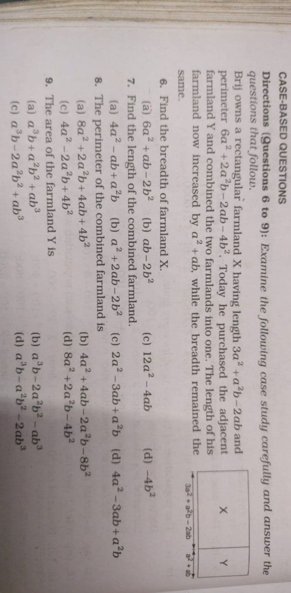 Brij owns a rectangular farmland X having length 3a^2 + a^2b - 2ab and pe..