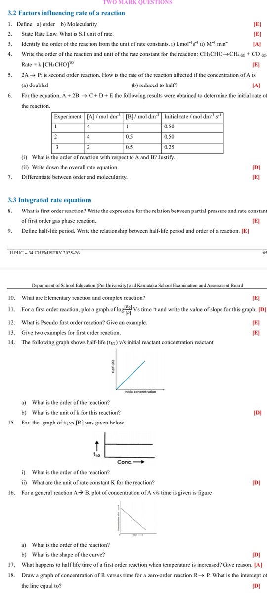 Chemistry Questions on Chemical Kinetics Define: a) Order b) Molec..